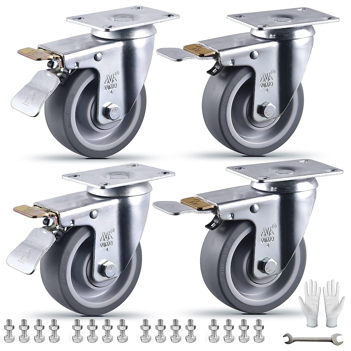4 Inch Castets Set of 4 Heavy Duty Caster Wheels with Brake 2200Lbs Swivel TPR Rubber Wheel Silent Castor Locking Industrial Plate Casters Wheels for Cart Furniture Workbench, 4 Brake