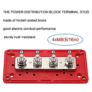 AMOMD 2PCS 300A Bus Bar Box Heavy Duty Module Design Nickel Plated Brass Buss Battery Power Distribution Block with 4xM8(5/16") Stainless Steel Terminal Studs Marine Ground DC12 24 48V（Red & Black）