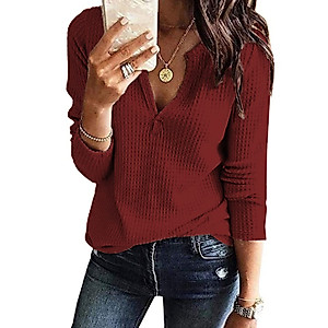 Famulily Womens Long Sleeve Waffle Thermal V Neck Shirt Relaxed Comfy Tops Wine L