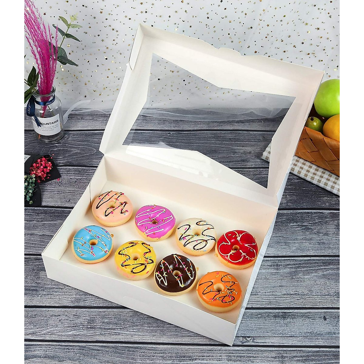 ONE MORE [15-Pack] 14 x10 x 3inch White Lock Corner Window Bakery Cookie Boxes, Large Paperboard Container with PVC Windows for Pie