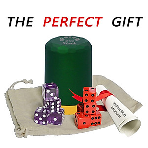 Dice Stacking Cup(Green) Set with 4 Pcs 19mm(Puple) and 5 Pcs 18mm(Red) Standard 6 Sided Dices, with Storage Bag-Magic Tricks Instruction