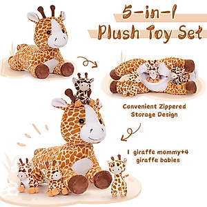 Tezituor 5Pcs Giraffe Stuffed Animal Set, 22in Mommy Stuffed Giraffe with 4 Cute Baby Giraffe Toys for Girl Boy Kid, Soft Large Giraffe Pillow, Plush Giraffe Gift for Birthday Christmas Party Decor