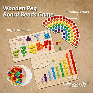 bopoobo Wooden Peg Board Beads Game Rainbow Clip Bead Puzzle of Pompon Clip Beads Early Education Puzzle Board Game Toddler Educational Montessori Games for Math Learning (Digital Board)