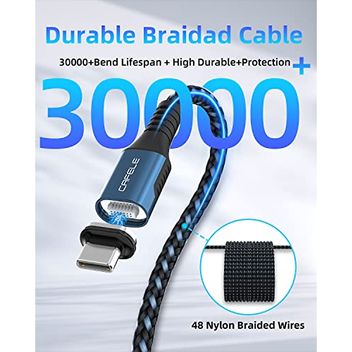 USB C to USB C Cable,60W 3A Fast Magnetic Charging Cable,CAFELE 2 Pack Type C to Type C Nylon Cable Fast Charge for Samsung Galaxy S10 S10+ / Note 8, LG V20 and Other Type C Charger (Blue)