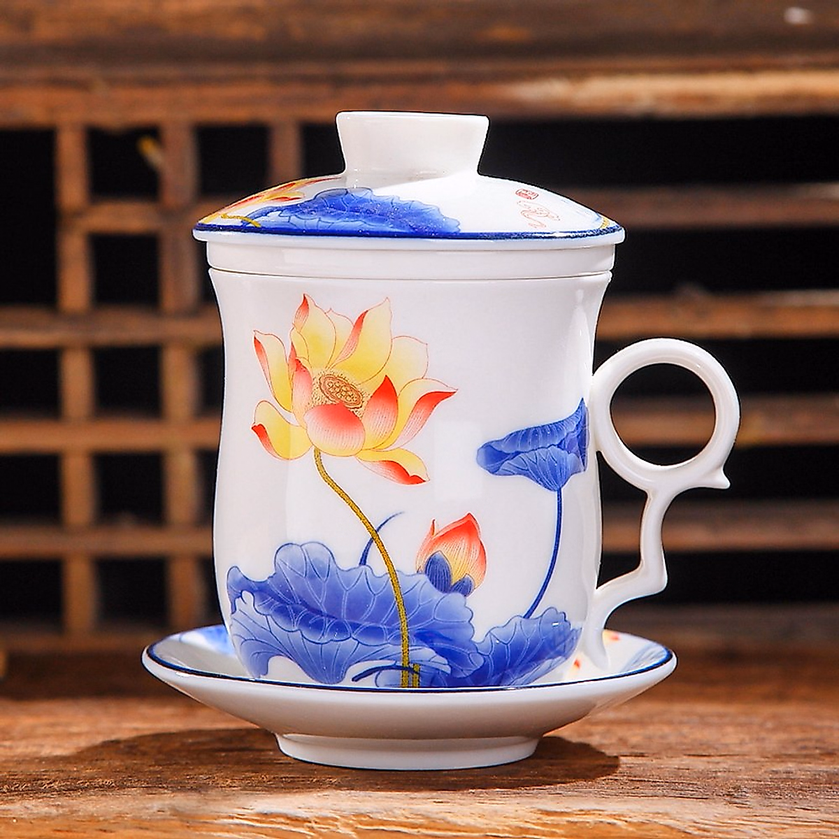 Ameolela Porcelain Tea Cup with Infuser Lid and Saucer Sets - Chinese Jingdezhen Ceramics Coffee Mug Teacup Loose Leaf Tea Brewing System for Home Office