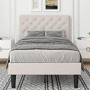 HOMBCK Twin Bed Frame, Upholstered Bed Frane Twin with Button Tufted Headboard, Linen Fabric Modern Bed Frame, Sturdy Wood Slat Support, No Box Spring Needed, Beige
