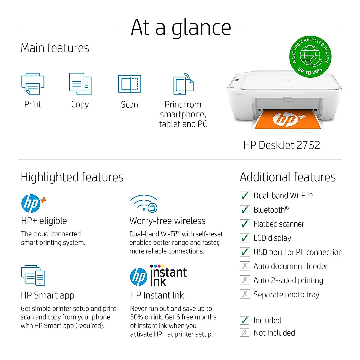 HP DeskJet 2752B Wireless All-in-One Color Inkjet Printer for Home Office, White - Print Scan Copy - Icon LCD Display, 4800 x 1200 dpi, WiFi, Bluetooth, Hi-Speed USB, Instant Ink Ready