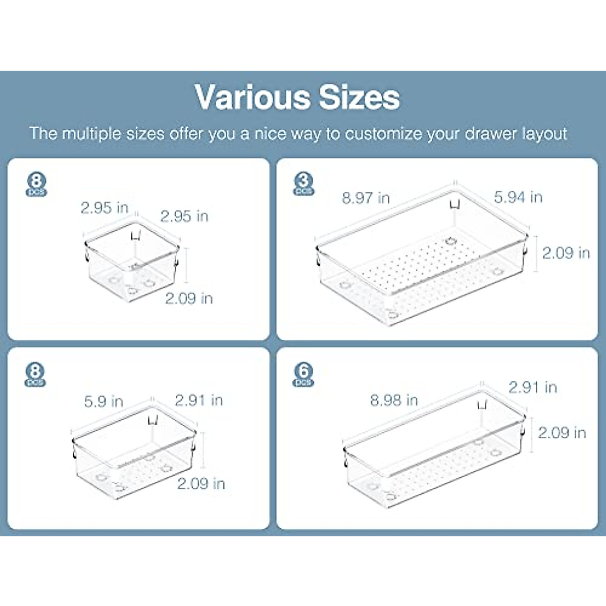 Puroma 25 PCS Drawer Organizer with Non-Slip Silicone Pads, 4-Size Versatile Vanity Drawer Storage Bins, Clear Plastic Drawer Organizer Trays, Customize Layout Organizer for Makeup and Bathroom Vanity