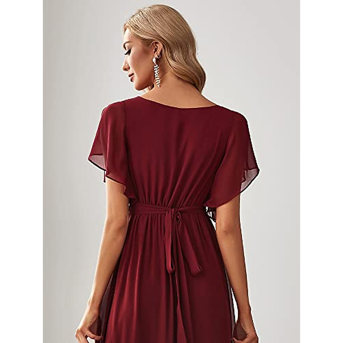 Ever-Pretty Women's Maxi A-Line V-Neck Ruffle Sleeves Summer Prom Dresses Long Burgundy US12