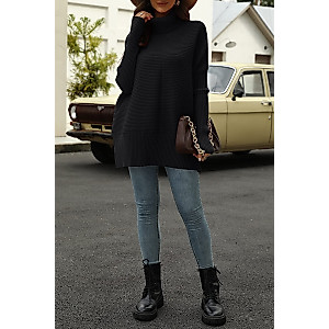 EFAN Black Oversized Turtleneck Sweaters Dress for Women Clothes Trendy Rib Pullover Sweater Long Tunic Sweaters Knit Tops