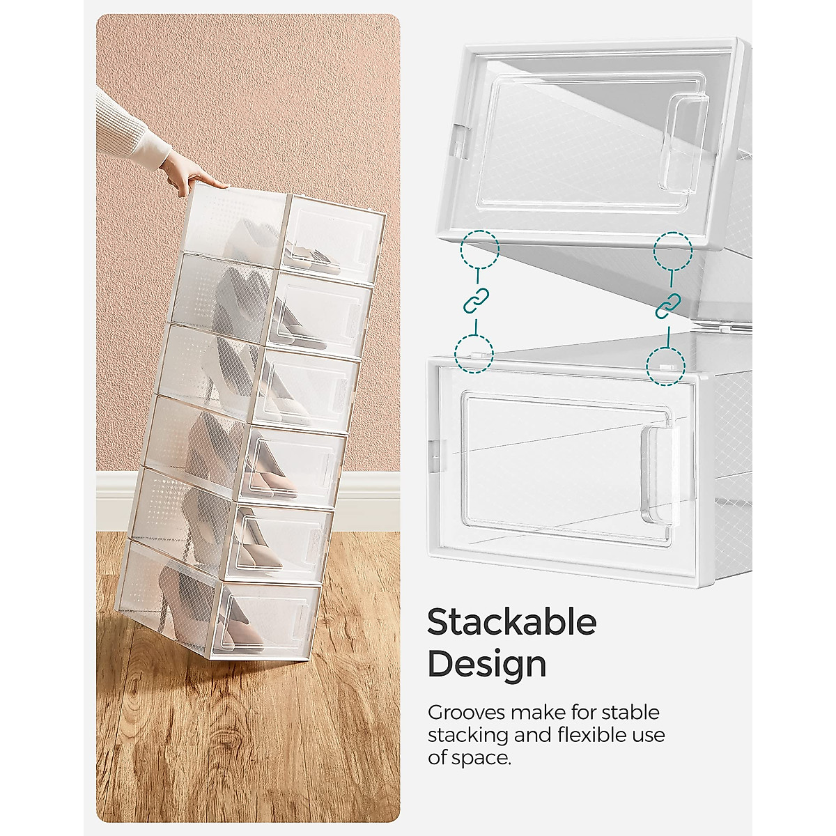 SONGMICS Shoe Boxes, Pack of 12 Shoe Storage Organizers, Stackable Clear Plastic Boxes for Closet, Sneakers, 9.1 x 13.1 x 5.6 Inches, Fit up to US Size 11, Transparent and White ULSP12SWT