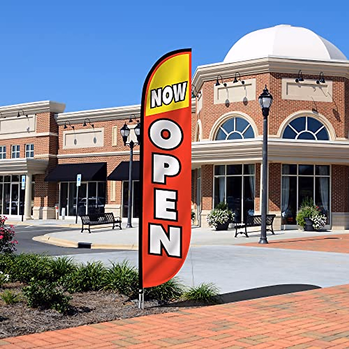 LookOurWay Feather Flag Set - 12 Feet Tall Advertising Flag Banner with Fiberglass Pole Kit and Rotating Ground Spike for Business Promotion - Grand Opening Theme - Now Open Red and Yellow