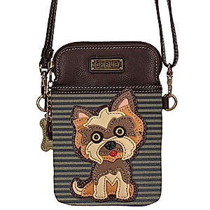 Chala Group Yorkshire Terrier Cellphone Crossbody Handbag - Convertible Strap Yorkie Mom, Brown Stripes, 5" x 7.5" x 1"