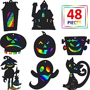 Blulu 48 Pieces Halloween Scratch Paper Rainbow Witch Pumpkin Scratch Crafts Kit Halloween Hanging Ornaments Art with Wooden Stick and Rope for Party Decoration DIY Supplies