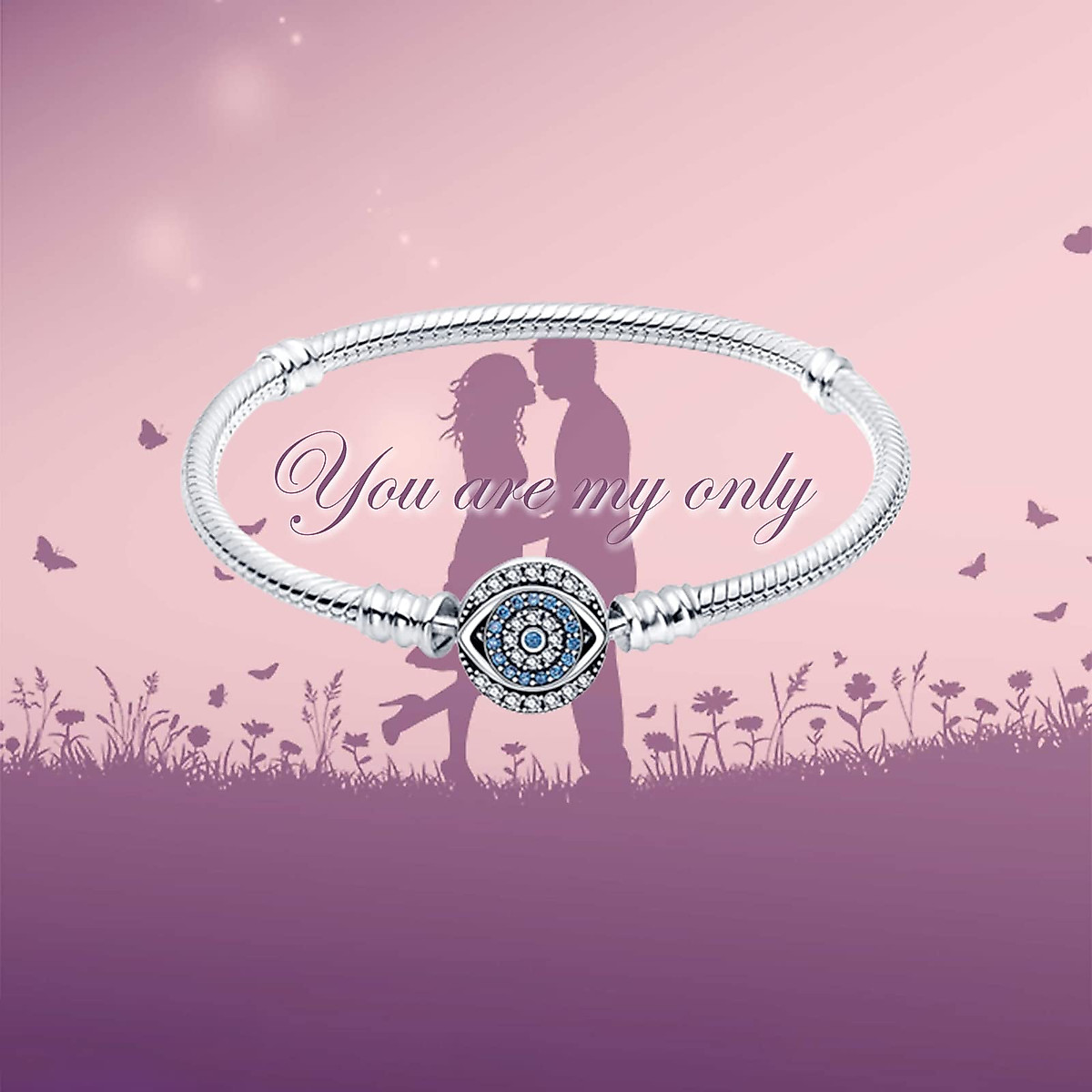 LENDPLEX 925 Sterling Silver Heart Clasp Snake Chain Bracelet Fit for Charm Bracelet-Evil eye 7.1 inch