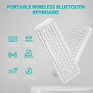 Wireless Bluetooth Keyboard, 2.4GHz Typewriter Retro Keyboard, 84 Keys Portable Office Computer Keyboard with 2xAA Batteries and Cute Floated Round Keycaps for Windows Android PC Laptop Mac iPad,White