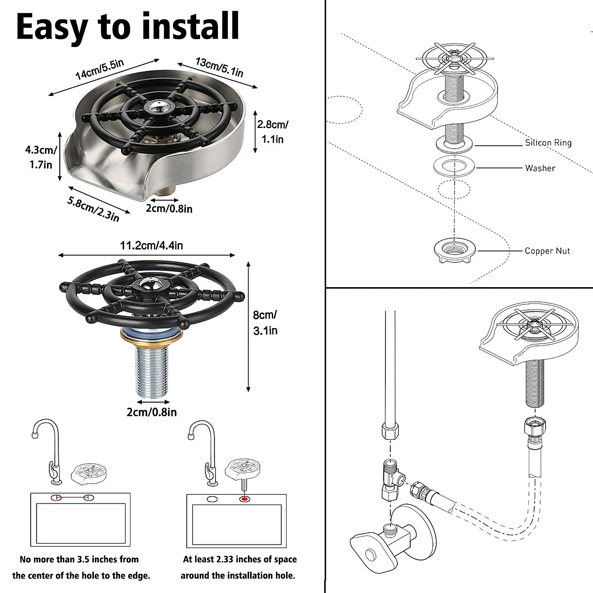 Kitchen Sink Glass Rinser Cup Rinser Kitchen Faucet Sink Glass Washer for Kitchen Sinks Stainless Steel Bottle Washer Bar Sink Accessories