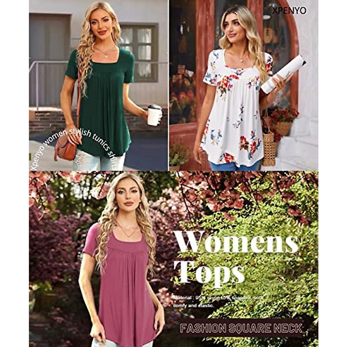 Xpenyo Elegant Square Neck Tunic Tops for Women Short Sleeve Tshirts and Blouses Black L