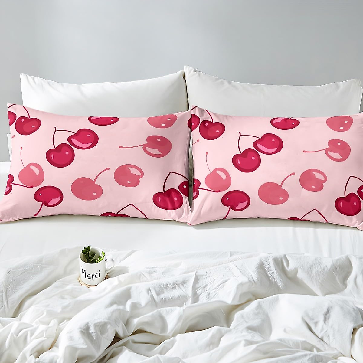 Red Cherry Bedding Set Twin Size,Tropical Delicious Fruits Fitted Sheet for Kids Boys Girls Room Decor,Cherry Modern Fashion Bed Sheet,Pink Summer Fruits Fantasy Sheet Set 2Pcs,1 Pillowcase
