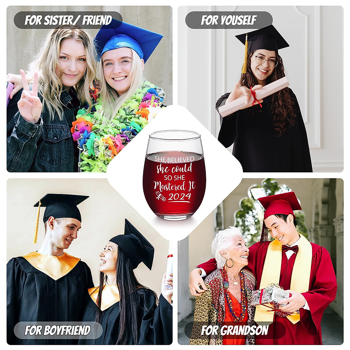 Futtumy Graduation Gifts, She Believed She Could So She Mastered It 2024 Stemless Wine Glass, 2024 Graduation Gifts for Her Friend Masters Degree College High School Graduates College Grad, 17Oz