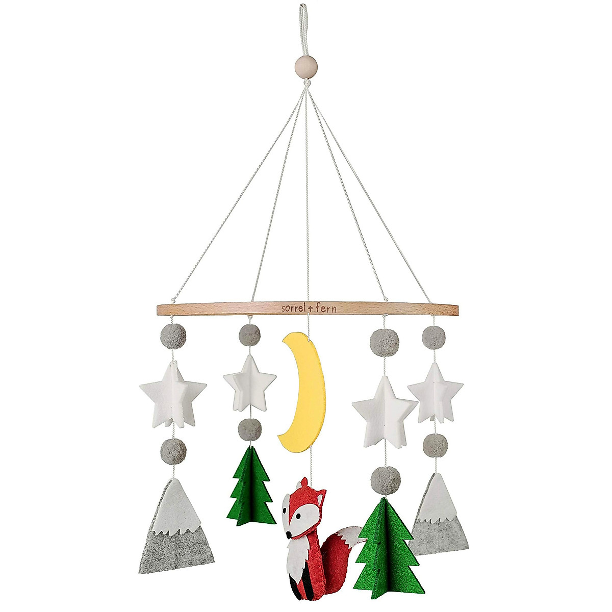 Sorrel + Fern Baby Crib Mobile (Woodland Fox) - Nursery Decoration - Ceiling Mobile and Crib Mobile - Hypoallergenic Eco-Felt, Unfinished Wood, Adjustable, Green, Grey, Yellow, Red/Brown