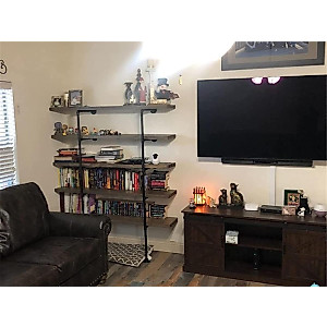 Industrial Wall Mount Iron Pipe Shelf, 5 Shelves Shelving Bracket Black Vintage Retro Ceiling Hung shelf DIY Open Bookshelf Storage for offcie Room Kitchen (2PcsX5Tier,68" Tall,10"deep,Hardware Only)