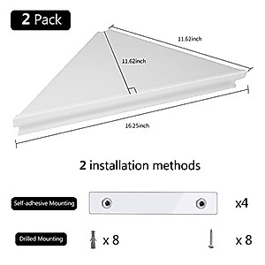 Evron Wall Mount Corner Shelf,Easy to Install Metal Front Floating Corner Shelf with Self-Adhesive Tapes,Wood Imitation Corner Shelves with Wire Pass Hole Pattern (White Set of 2)