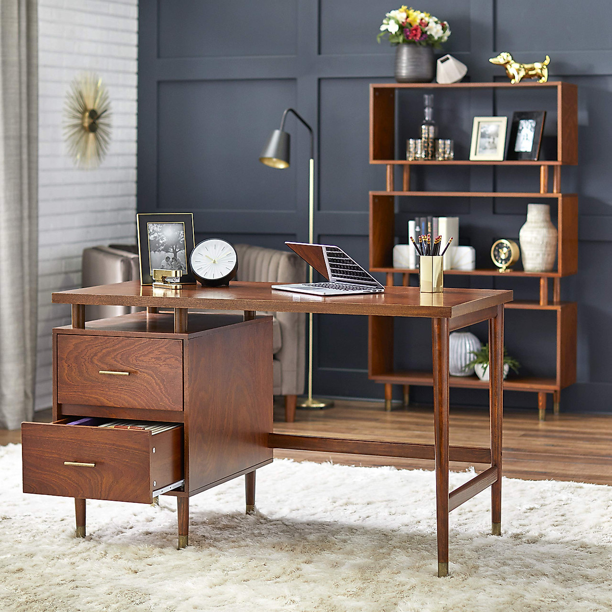 Target Marketing Systems Margo Home Office, Study Room, Vanity or Bedroom, Computer Elevated Table Top and 2 Spacious Drawers, Mid-Century Style Desk with Storage, 50” x 24”, Walnut