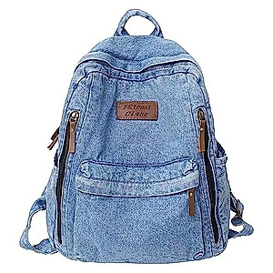 KAOBIO Denim Backpack for Women Men Vintage Grunge Backpack Blue Jeans Laptop Backpack Retro Rucksack for Travel Work (Blue,One Size)
