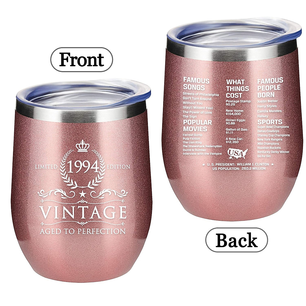 Greatingreat 30th Birthday Gifts for Women and Men - 1994 30th Birthday Decorations - 12 Oz Insulated Stainless Steel Wine Tumbler with Lid for Her Wife Mom Aunt Friend, Rose Gold
