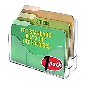 Azar Displays 250099 Three Tier File and Brochure Desktop Wall Organizer Holder with Dividers brochure display stand acrylic file holder, Clear