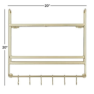 CosmoLiving by Cosmopolitan Metal Rectangle Wall Shelf with Hooks, 20" x 5" x 20", Gold