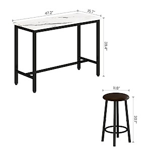 Lamerge 47.2" Bar Table Set of 2,Faux Marble Table Top,PU Leather Stools,3 Piece Pub Height Table Set,Dining Table Set,for Kitchen,Living Room,Nook,Bar,White&Brown