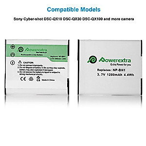 Powerextra 2 PCS NP-BN1 Battery and Charger Replacement for Sony Cyber-Shot DSC-QX10 QX30 QX100 T99 T110 TF1 TX10 TX20 TX30 TX55 TX66 TX100V TX200V W310 W320 W330 W350 W530 W515PS W570 W650 W800 W830
