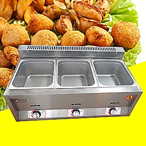 6L Commercial Gas Deep Fryer 3-Pan Countertop Stainless Steel Food Warmer Heater Restaurant Home Kitchen Adjustable Temp Steamer Cooking Heating Pot Tank, Silver