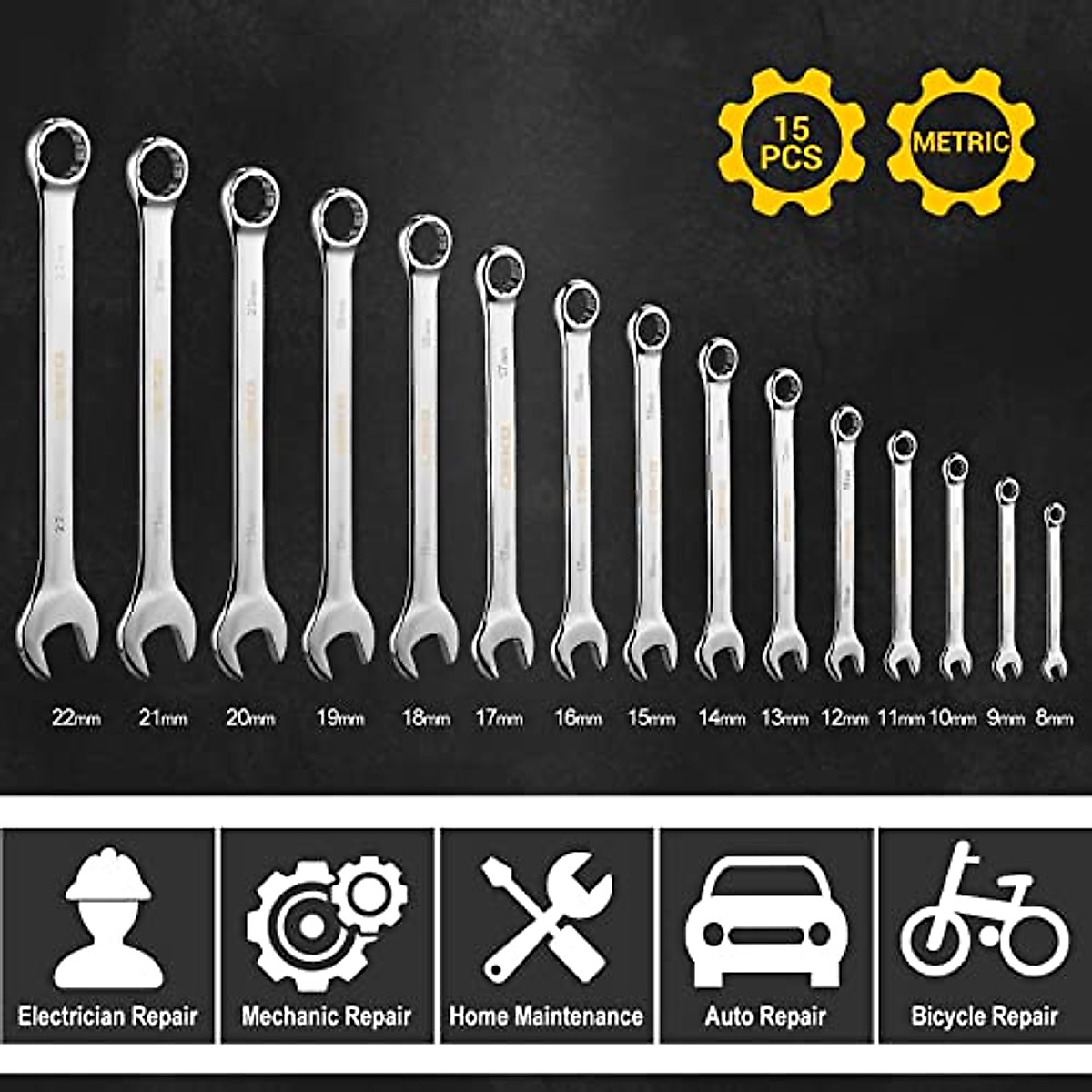 DEKOPRO Combination Wrench Set, Metric, 15-piece, 8-22mm, 12-Point, Chrome Vanadium Steel, with Plastic Tray