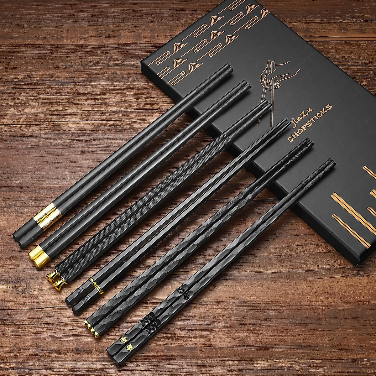 6 Pairs Chopsticks Reusable Fiberglass Chopsticks Dishwasher Safe, 9.6 inch/24.3cm Japanese Chinese Chop Sticks Gift Set (Black&Golden)