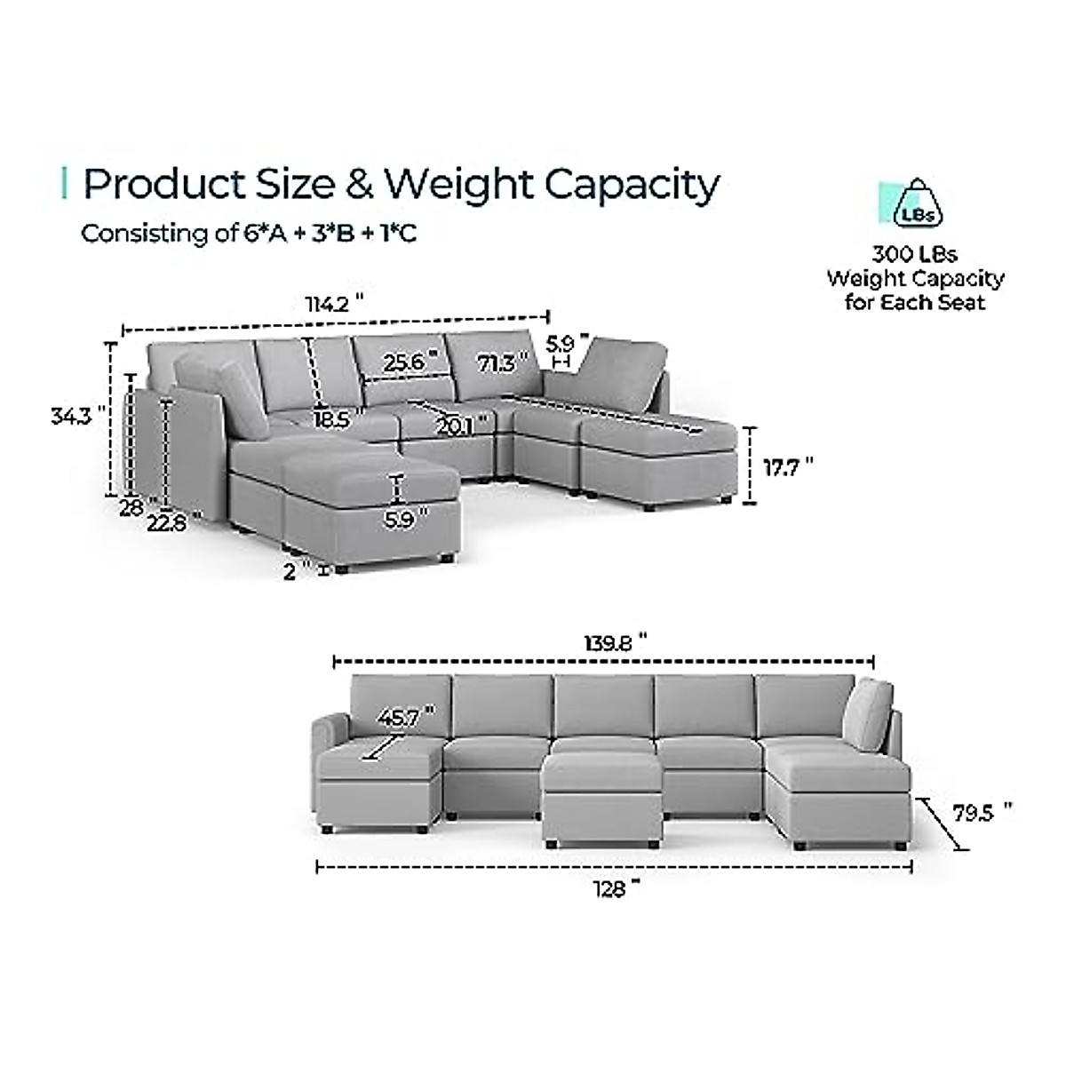LINSY HOME Modular Sectional Sofa, Oversized Sectional Couch with Storage, Ottomans, Modular Sectional Sleeper Sofa with Memory Foam, 9 Seat U Shape Sofa Set for Living Room, Grey
