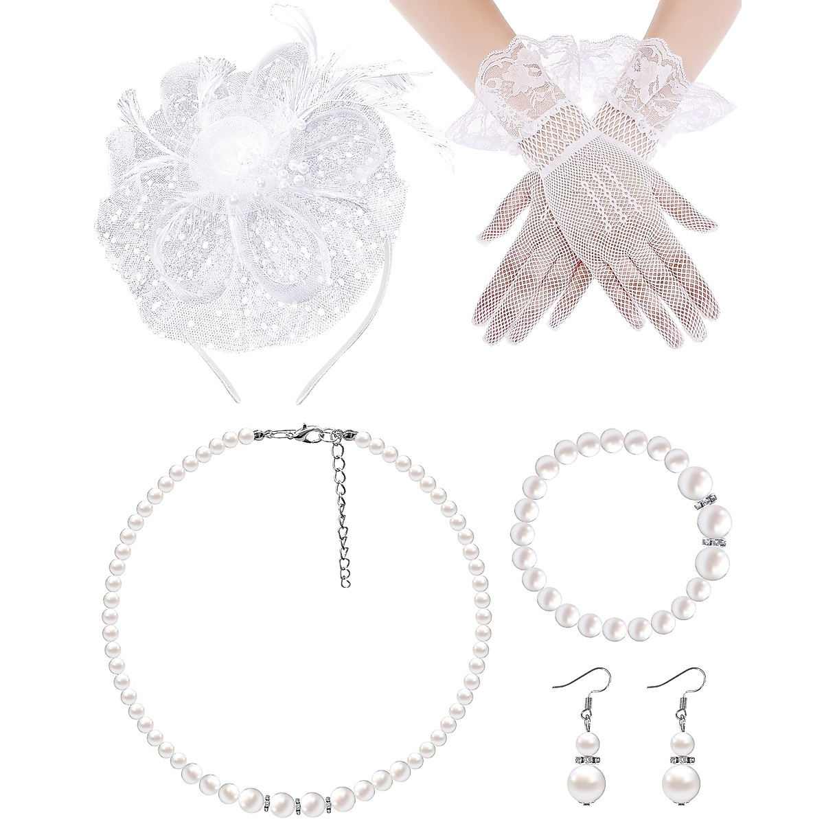 1920s White Fascinators Hat Set for Women Tea Party Headband Lace Gloves Pearl Jewelry Set Cocktail Tea Party Banquet Wedding Halloween Retro Tiara