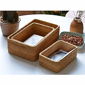 YANGQIHOME Natural Rattan Storage Baskets, Rectangular Woven Fruit Baskets, Wicker Decoration and Organizer for Bathroom, Living Room (Set of 3)