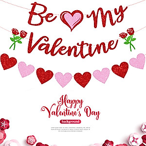 Valentines Day Banner-Be My Lover Valentines Banner Heart Garland Felt Rose Banner Hanging Garland NO DIY for Valentines Decorations, Anniversary, Mantle, Room Decor (Red, Pink)