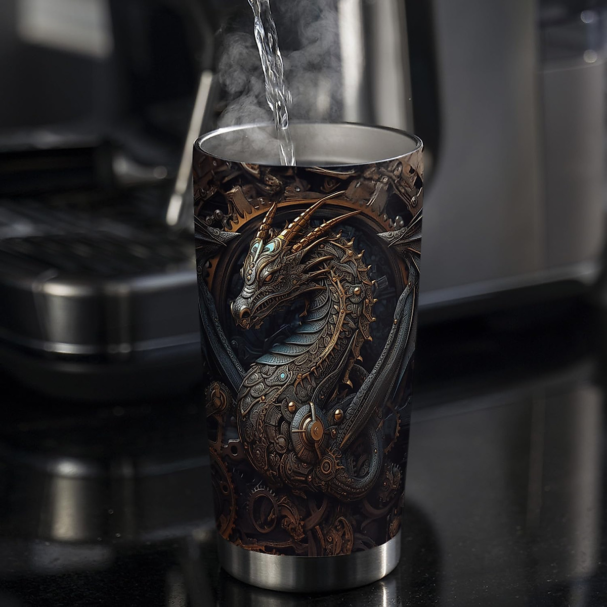64HYDRO 20oz Steampunk Mechanical Engineer Clockwork Dragon Tumbler, Gaming, Gamer Gifts for Dragon Lovers, Stainless Steel Double Wall Vacuum Insulated Coffee Mug, Travel Cup with Lid