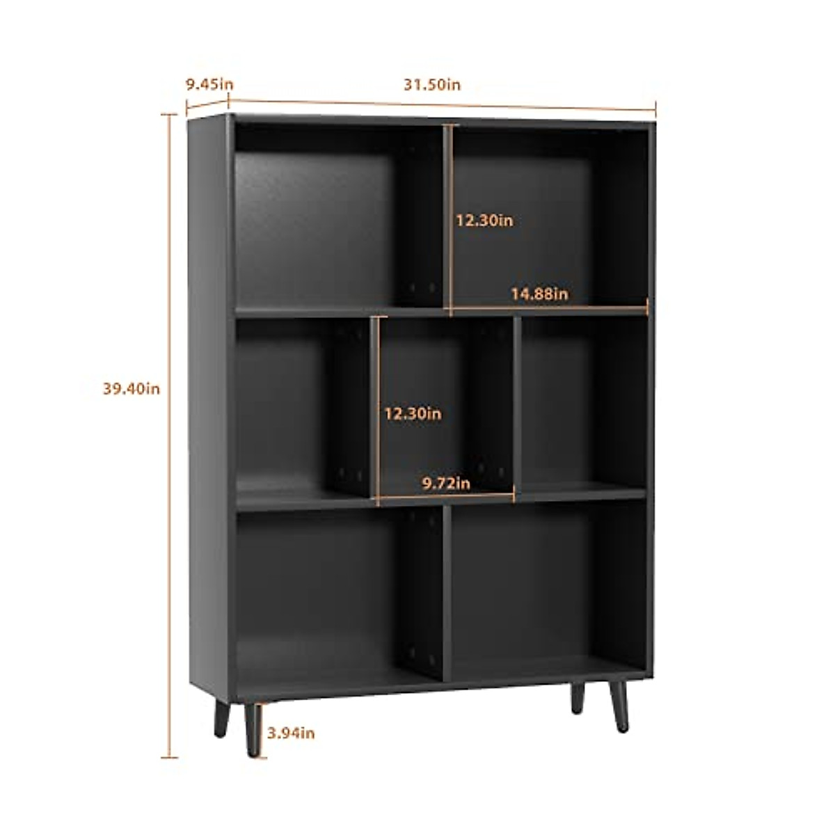 LAR-ME 3-Tier Bookshelf, Mid Century Bookcase with Legs, 7 Cube Wood Bookshelves Storage Organizer Shelf, Free Standing Narrow Book Shelves for Bedroom, Living Room, Office (Black)
