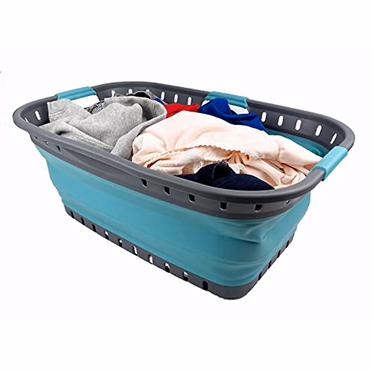 SAMMART 44L (11.6 gallon) Collapsible Plastic Laundry Basket-Foldable Pop Up Storage Container-Portable Washing Tub- pace Saving Hamper, Water Capacity: 35L (9.2 gallon) (Grey/Crystal Blue (Set of 2))