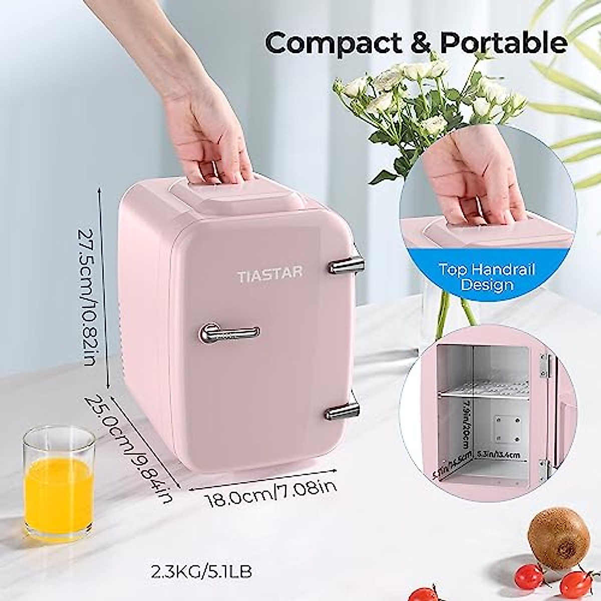 Tiastar Mini Fridge, 4 Liter /6 Cans Skincare Fridge for Bedroom, Dorm, Car, Office, 110V AC/ 12V DC Small Fridge, Thermoelectric Cooler and Warmer, Pink