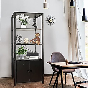 Jahof 4-Layer Industrial Bookshelf, Bookcase with 2 Doors, Standing Storage Cabinet for Living Room, Home Office, Bedroom, Washroom, Kitchen (4-Tier, Black)