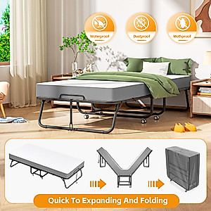 INTERGREAT Folding Bed with Mattress, Foldable Twin Bed, Roll Away Bed for Adults, 75" x 38" Portable Roll Away Guest Beds with 5" Mattress, Folded Bed Frame for Guest Room, Small Apartment
