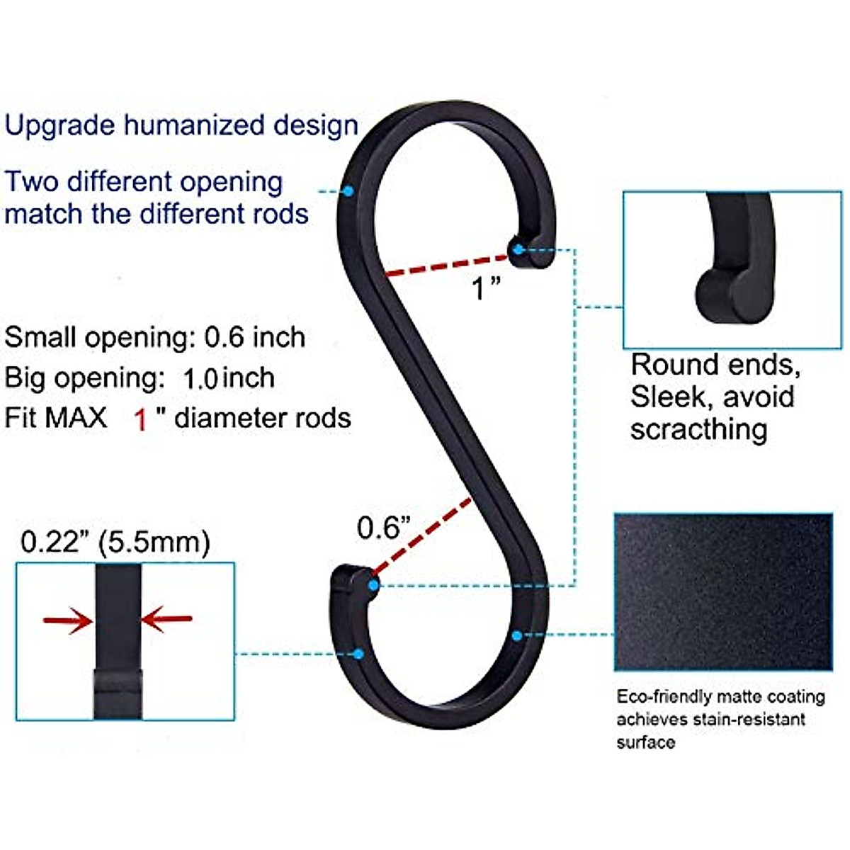 GAViA S Hooks, S Shaped Hooks, Matte Black S Hooks Heavy Duty for Hanging Pots and Pans, Plants, Coffee Cups, Coats, Bags, Towels in Kitchen, Bedroom, Office, Garden, Bathroom, 10 Pack