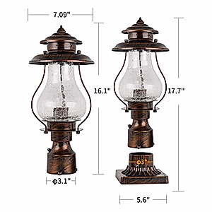 Dusk to Dawn Post Lights Outdoor Photocell Sensor Rustic Pole Mount Lanterns with Pier Mount Adapter Oil Rubbed Brown with Crackle Glass Waterproof Pillar Lights for Patio, Garden, Porch and Backyard