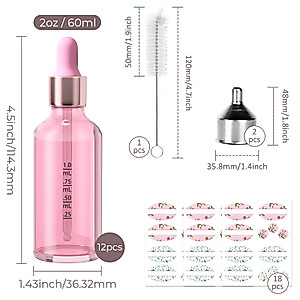 CycleMore 2 oz Pink Glass Dropper Bottles Eye Dropper Bottles with Glass Scales, 12 Pack Tincture Bottles with Labels and Funnels for Perfumes,Essential Oils & Makeup